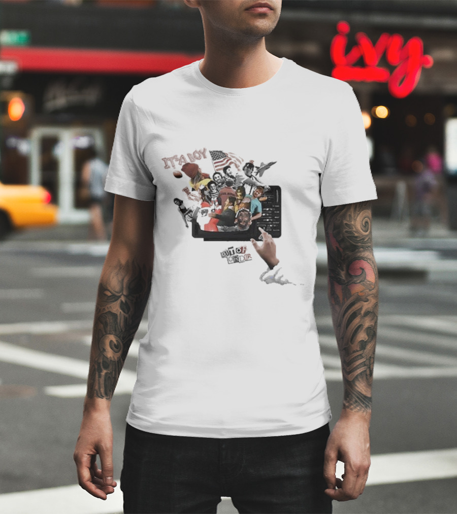 IT’S A BOY OUT OF ORDER Collage American Flag Football Icons T-Shirt