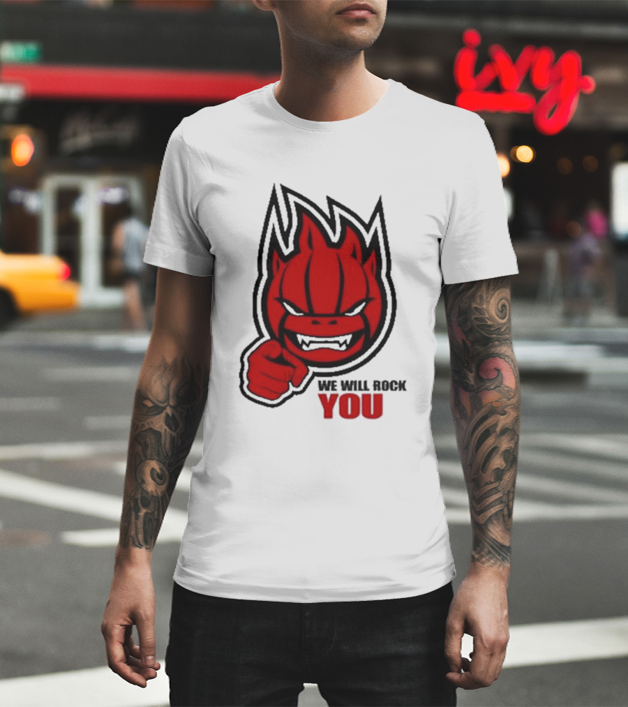 Sir Safety Perugia We Will Rock You Red Flame Character With Pointing Finger T-Shirt