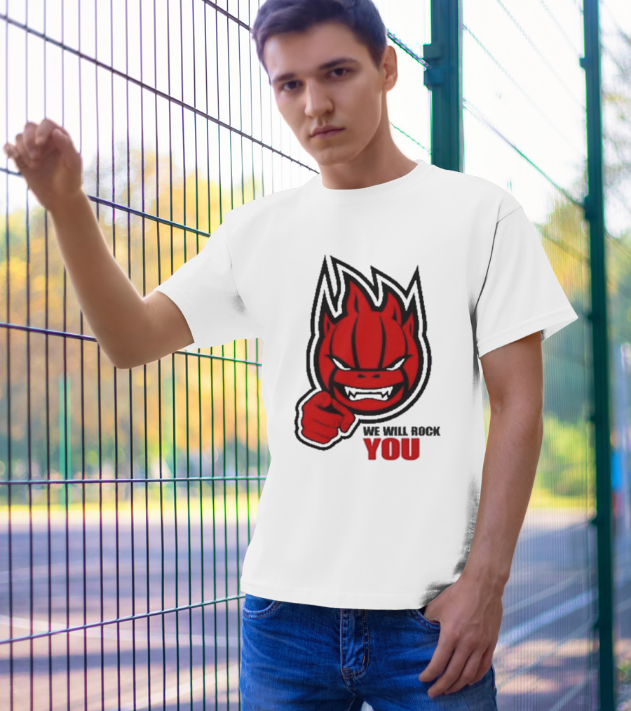 Sir Safety Perugia We Will Rock You Red Flame Character With Pointing Finger T-Shirt