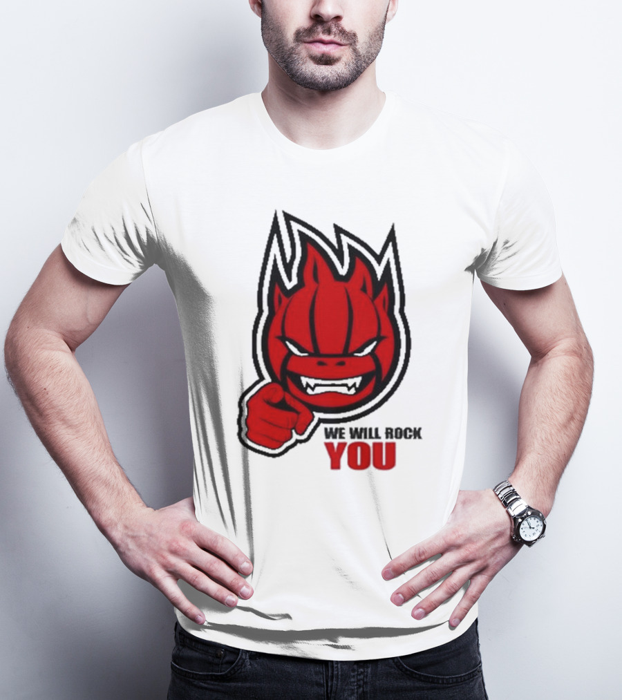 Sir Safety Perugia We Will Rock You Red Flame Character With Pointing Finger T-Shirt