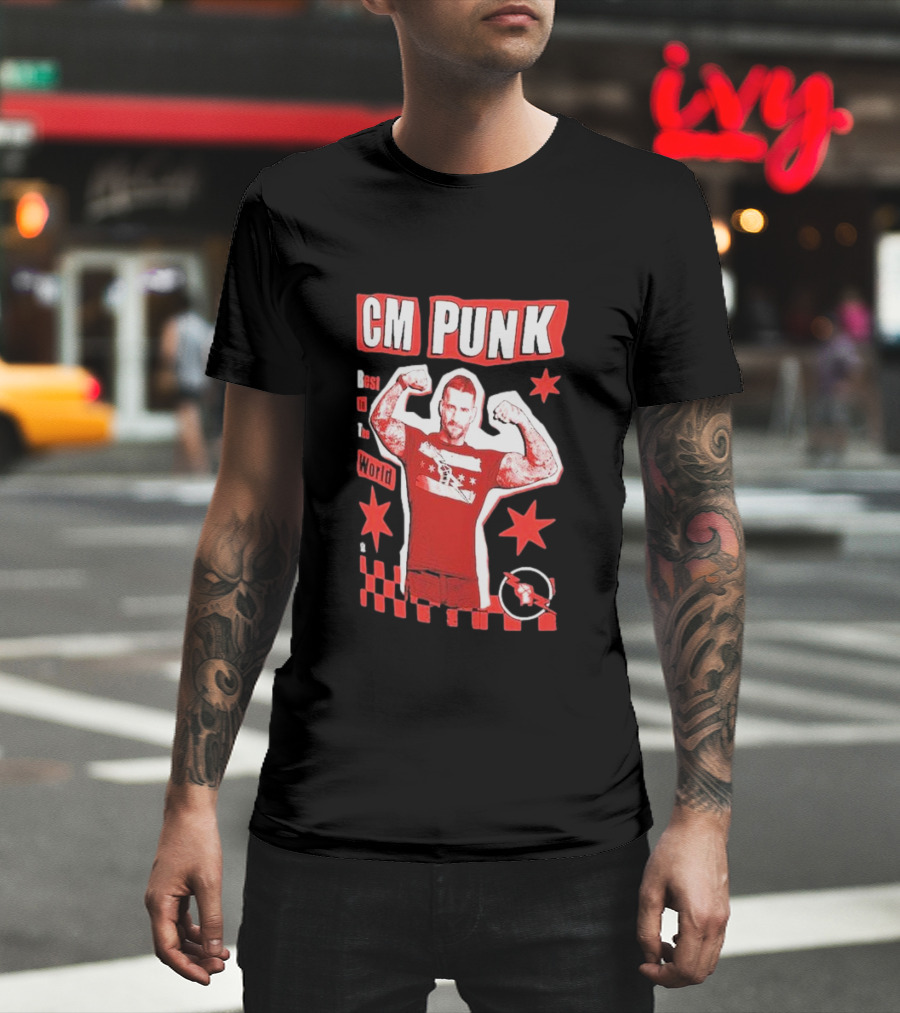 CM Punk Best In The World Star Power Flex Pose Red Stars Checker T-Shirt