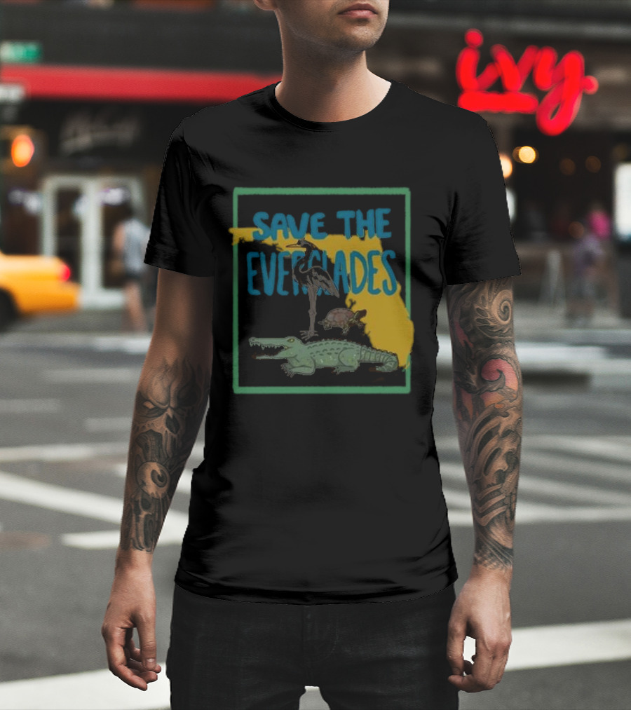 Gators Daily Save The Everglades Florida Map With Alligator, Heron, And Turtle T-Shirt