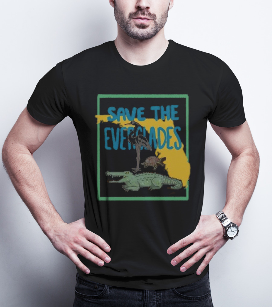 Gators Daily Save The Everglades Florida Map With Alligator, Heron, And Turtle T-Shirt