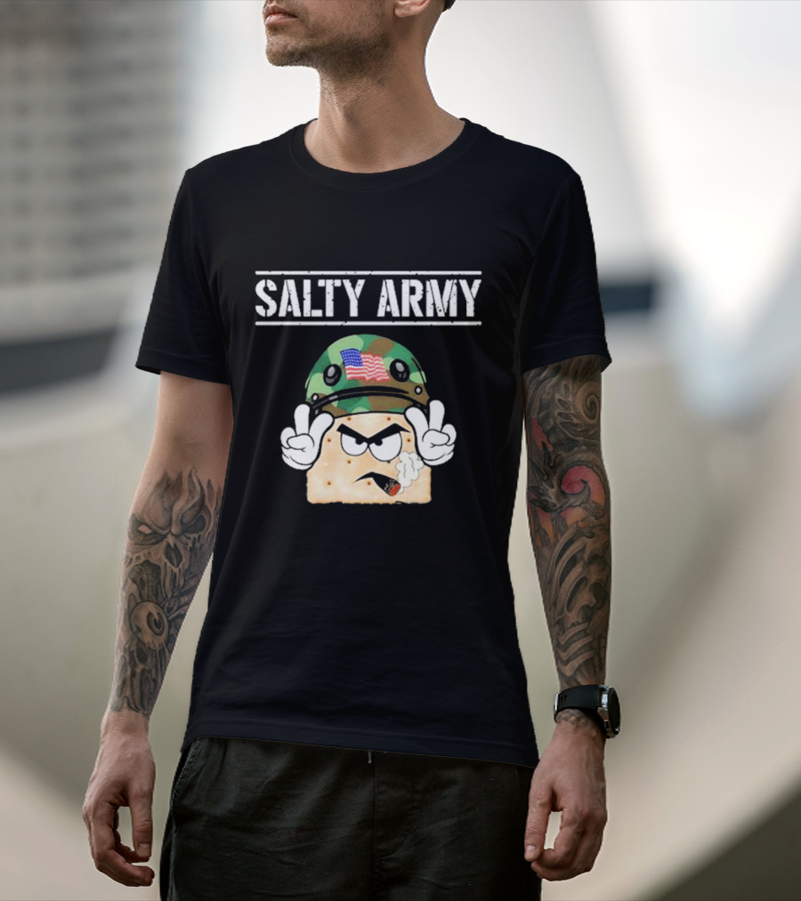 Salty Army Cracker With Camouflage Helmet Smoking Cigarette T-Shirt