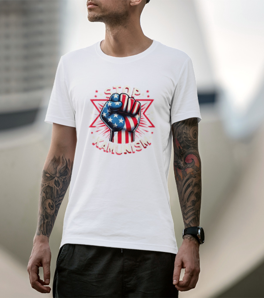 Stop Kamunism American Flag Fist With Stars And Red Stripes T-Shirt