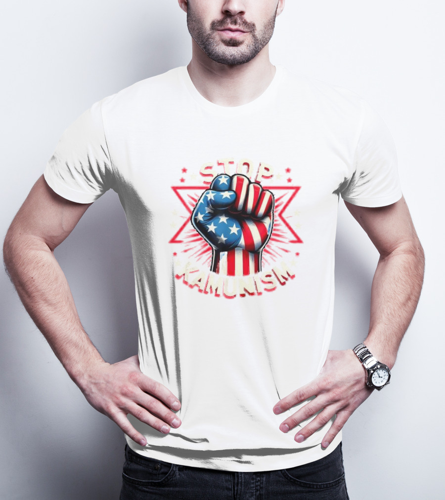 Stop Kamunism American Flag Fist With Stars And Red Stripes T-Shirt