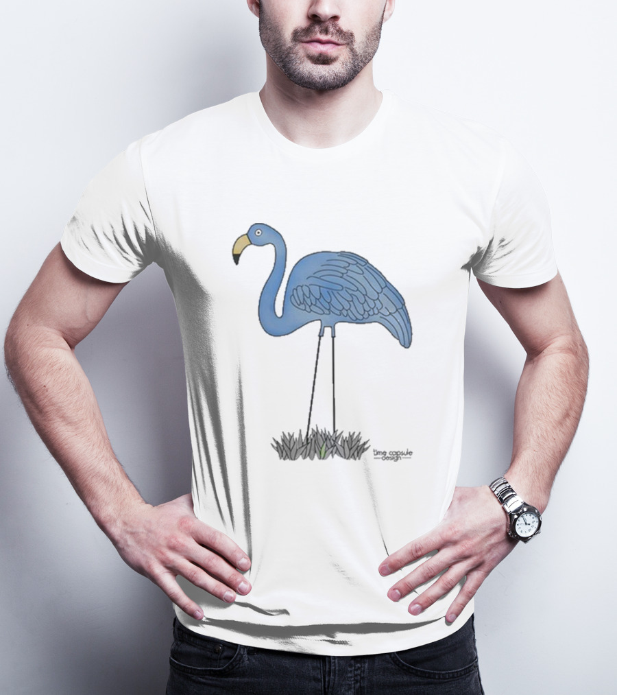 Time Capsule Design Blue Flamingo On Black Grass Background T-Shirt