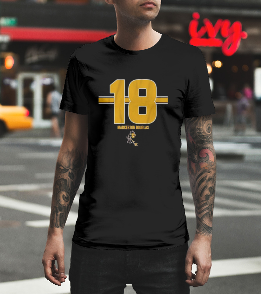 Markeston Douglas 18 Stripe ASU Football With Sun Devil Mascot T-Shirt