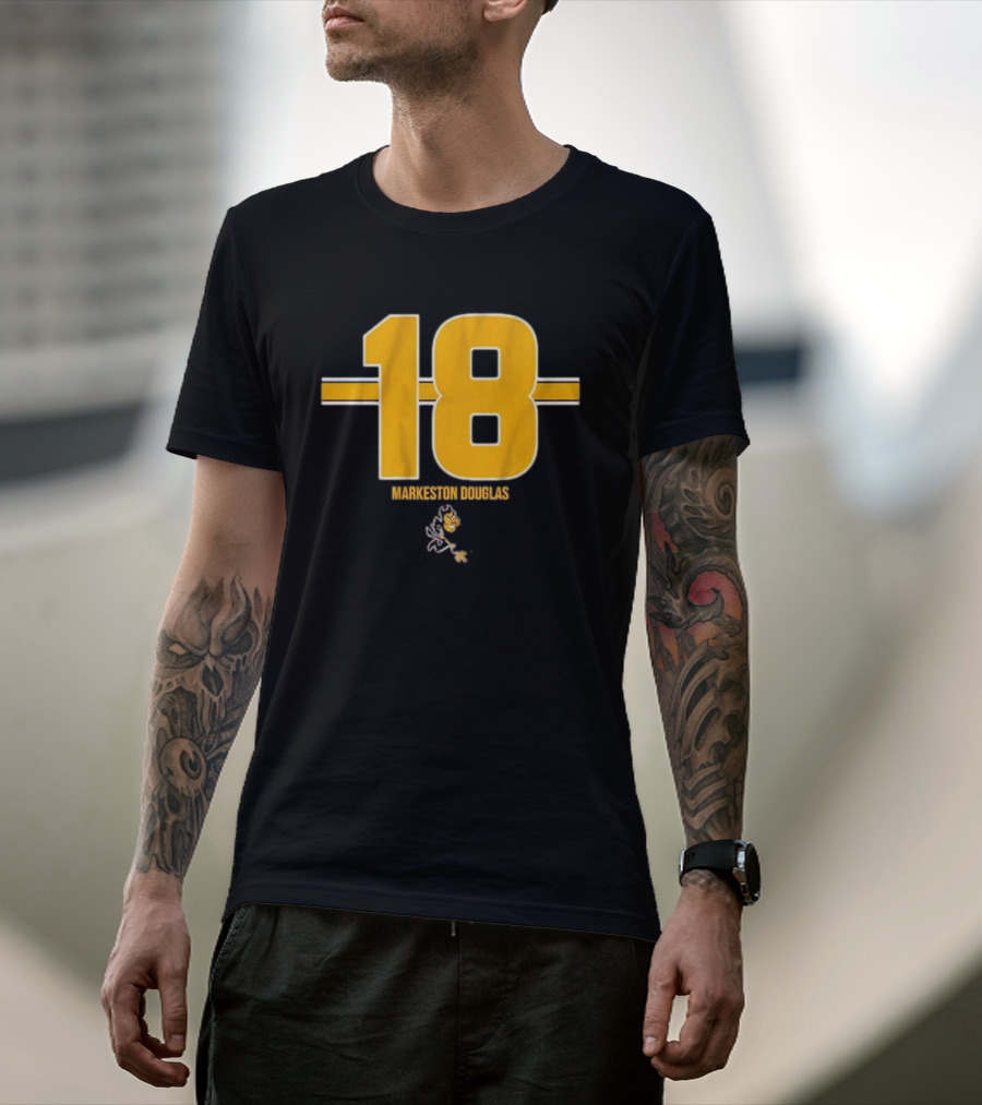 Markeston Douglas 18 Stripe ASU Football With Sun Devil Mascot T-Shirt