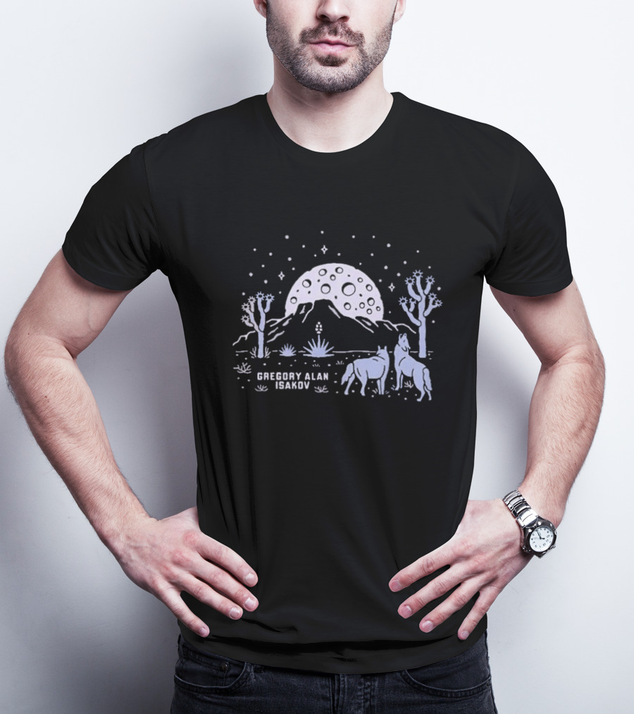 Gregory Alan Isakov Full Moon In Joshua Tree Desert Night With Horses And Cacti T-Shirt