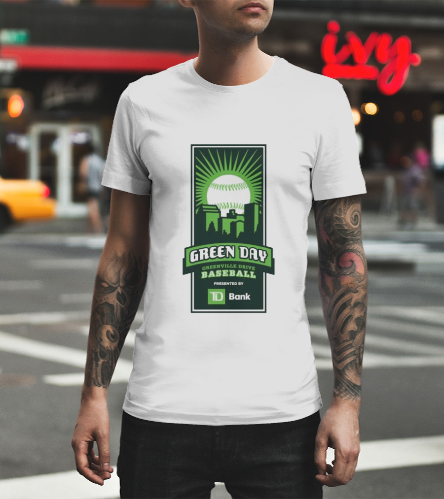 Green Day Greenville Drive Baseball Presented By TD Bank Skyline Baseball Sunburst T-Shirt