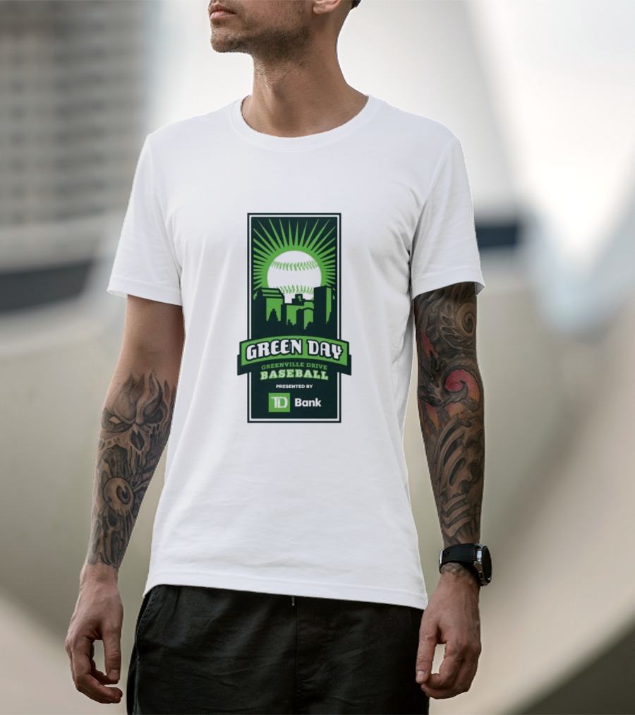 Green Day Greenville Drive Baseball Presented By TD Bank Skyline Baseball Sunburst T-Shirt
