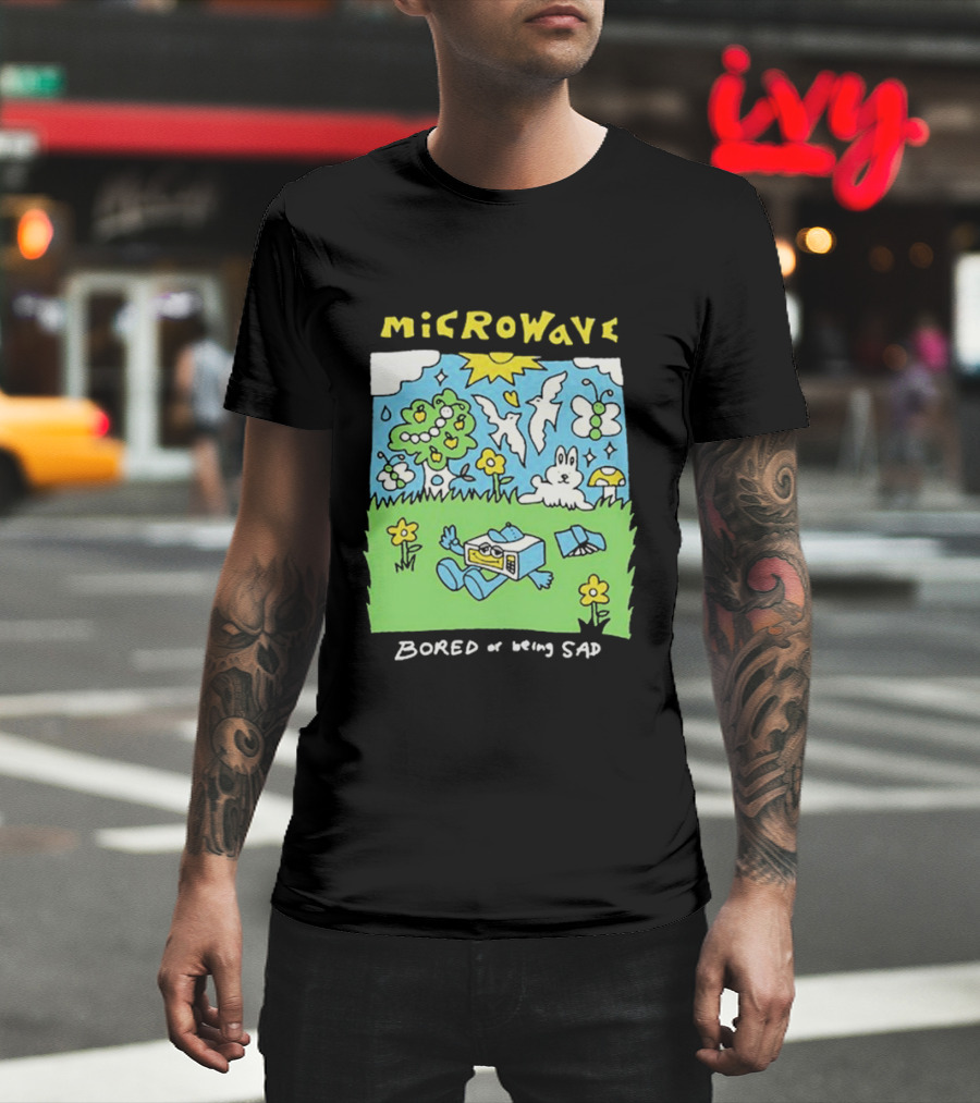 Microwave Bored Of Being Sad Colorful Cartoon Landscape With Sun And Bunny T-Shirt