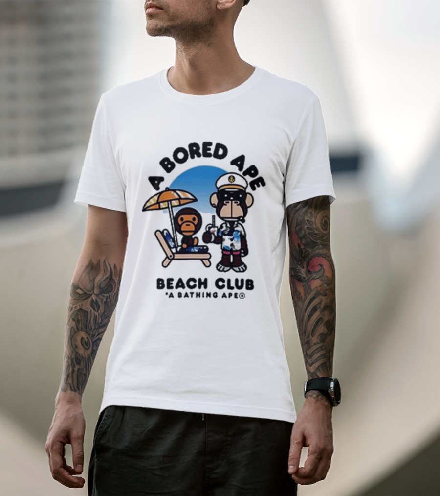 A Bored Ape Beach Club A Bathing Ape Officer And Relaxing Ape Scene T-Shirt