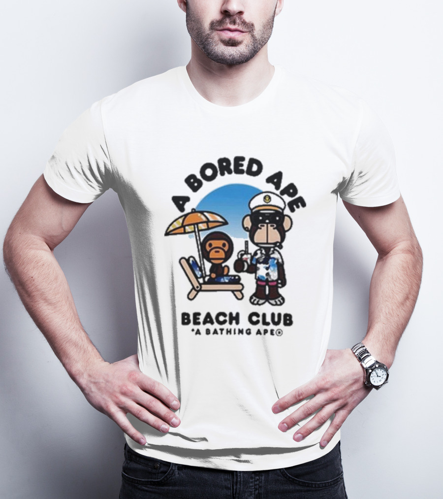 A Bored Ape Beach Club A Bathing Ape Officer And Relaxing Ape Scene T-Shirt