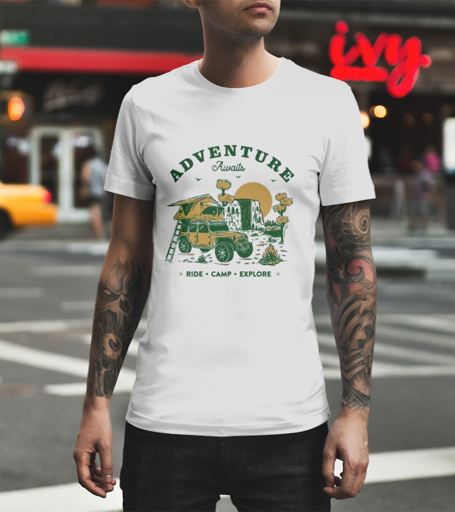 Adventure Awaits Ride Camp Explore Jeep Camping Scene T-Shirt