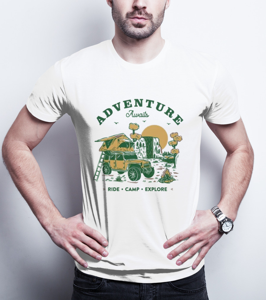 Adventure Awaits Ride Camp Explore Jeep Camping Scene T-Shirt