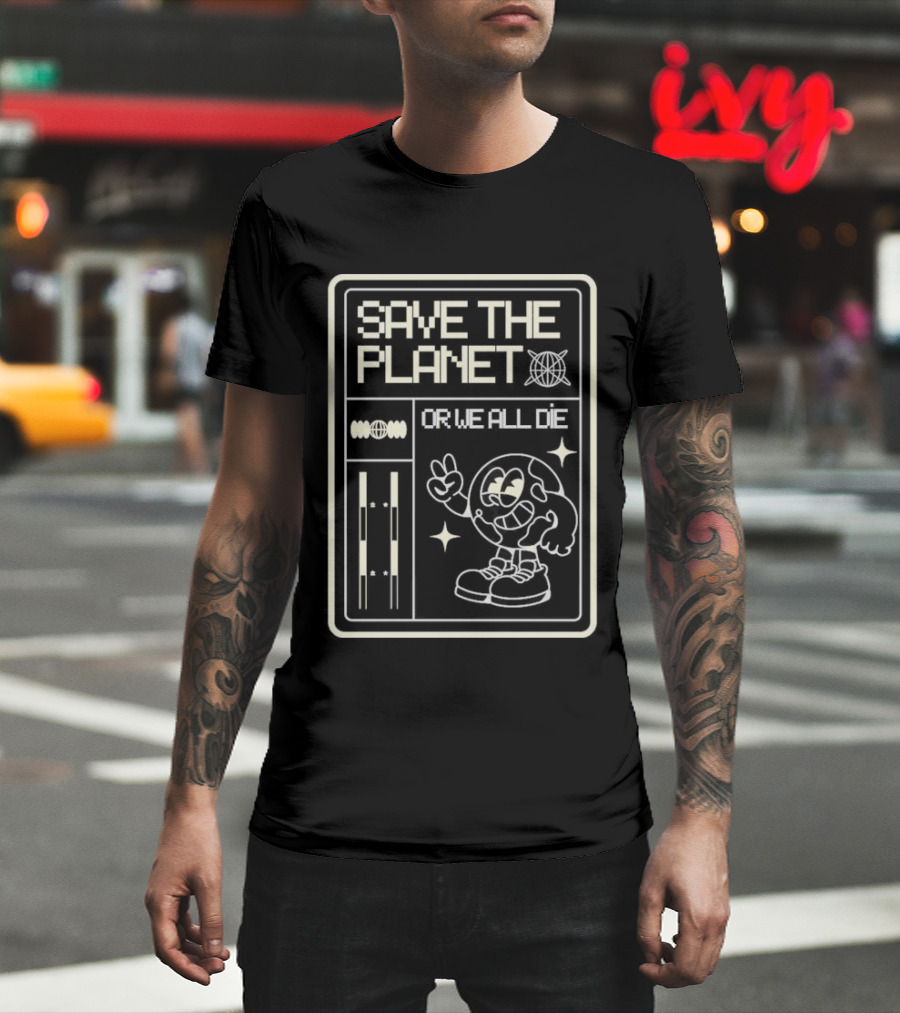 SAVE THE PLANET OR WE ALL DIE Retro Cartoon Character With Peace Gesture T-Shirt