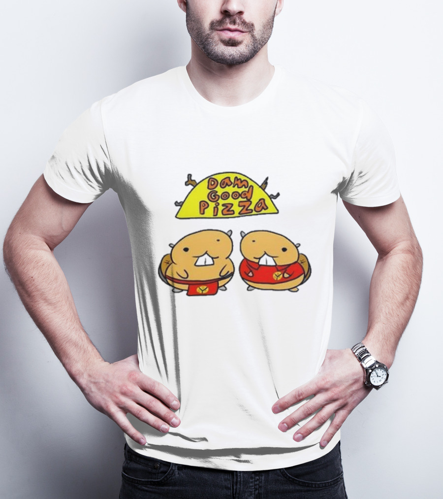 Dam Good Pizza Beaver Characters Duo In Red With Iconic Yellow Cheese Slice T-Shirt