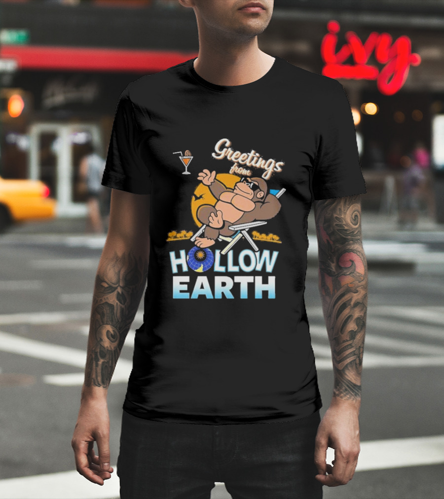 Greetings From Hollow Earth Giant Monster Relaxing With Tropical Cocktail T-Shirt