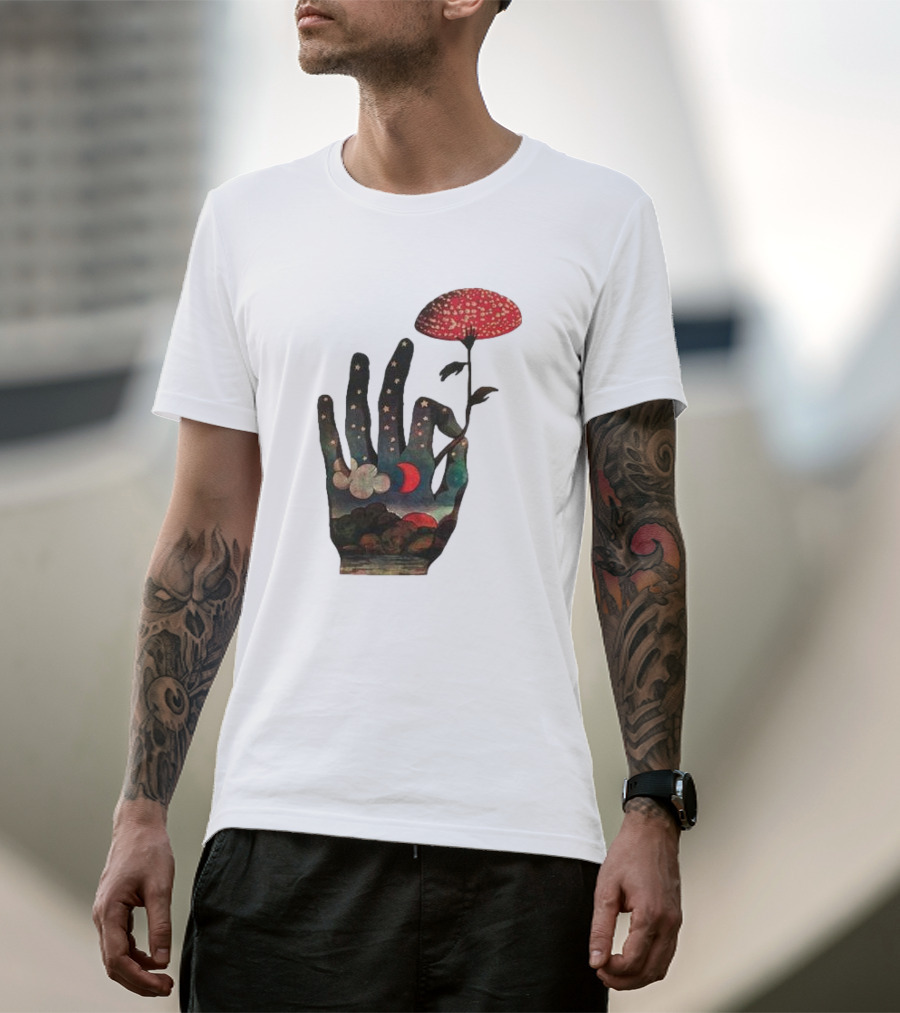 Fly Agaric Psychedelic Hand With Night Sky And Moon T-Shirt
