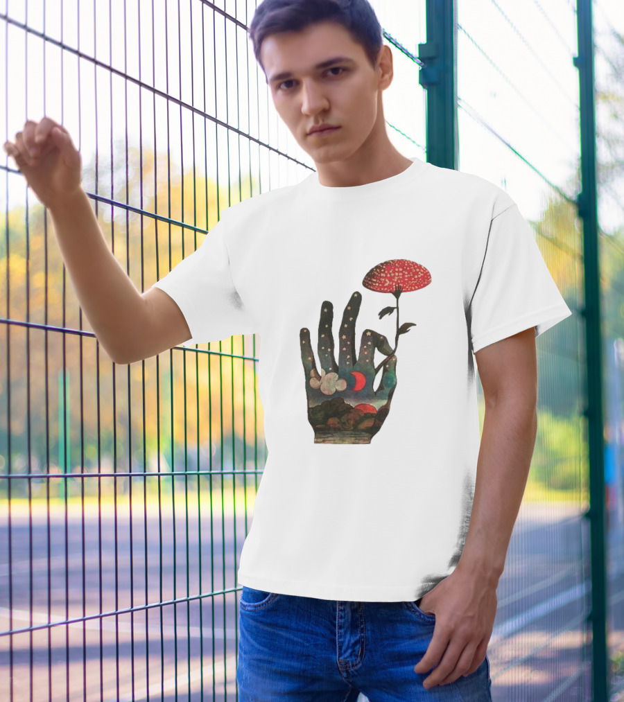 Fly Agaric Psychedelic Hand With Night Sky And Moon T-Shirt