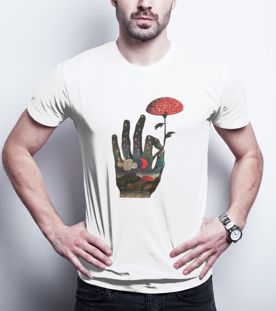 Fly Agaric Psychedelic Hand With Night Sky And Moon T-Shirt
