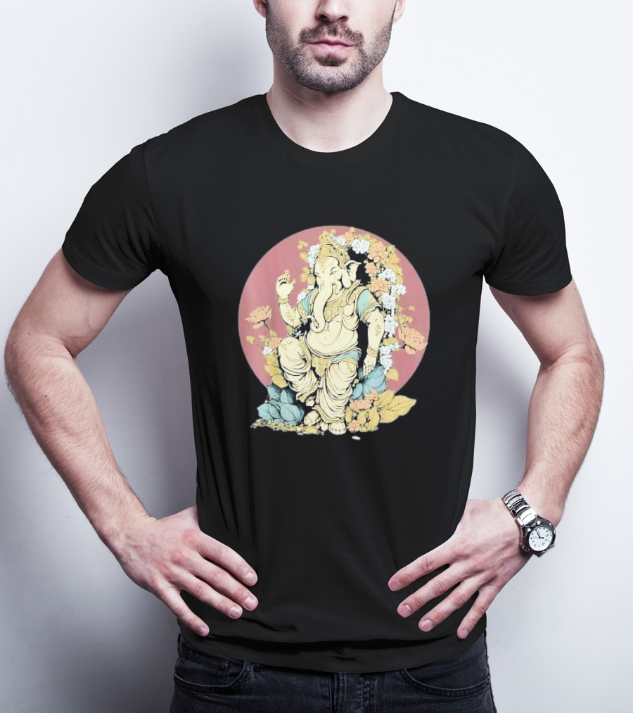 New Rare Hindu God Floral Elephant Deity Lord Ganesh Lotus Flowers Iconic T-Shirt