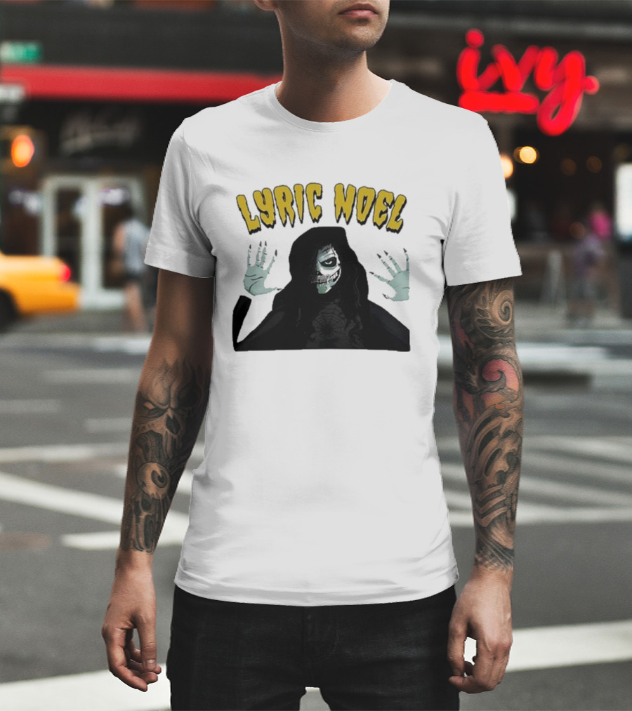 Lyric Noel Hallows Eve Ghostly Figure With Spider Web Face T-Shirt