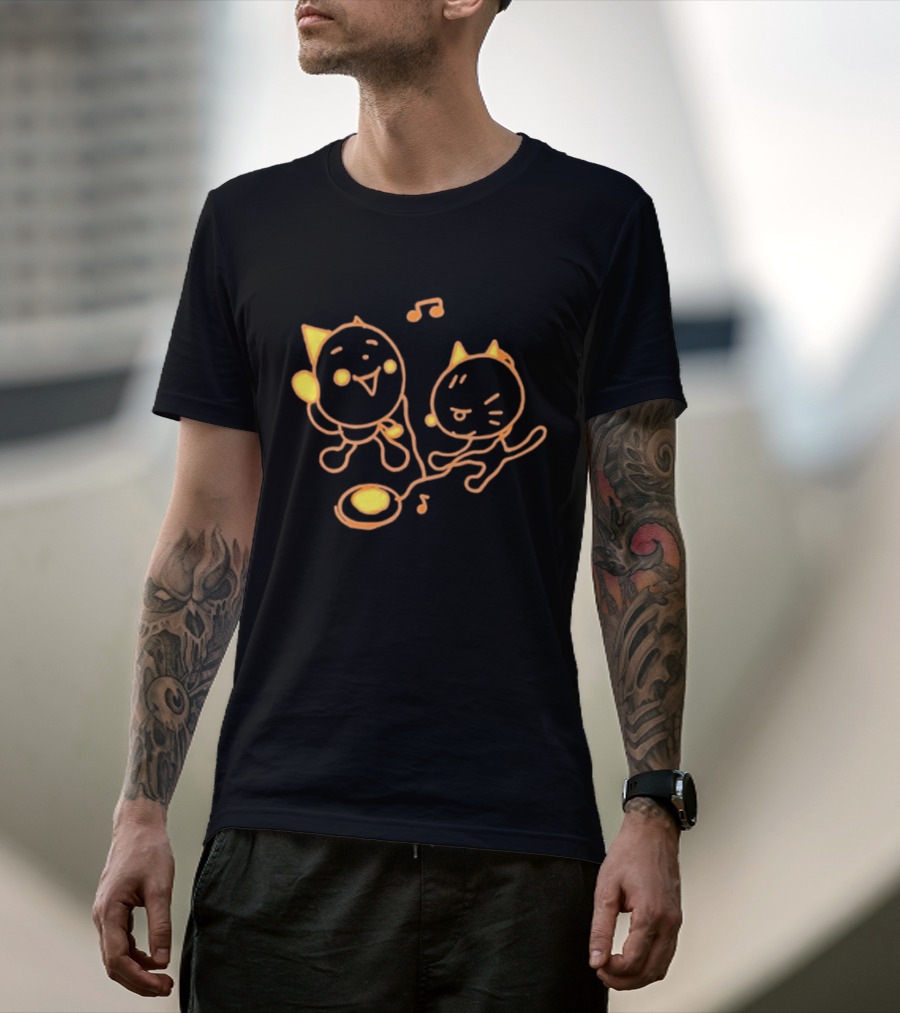Pixlotl Cat Characters With Music Notes And CD Player T-Shirt