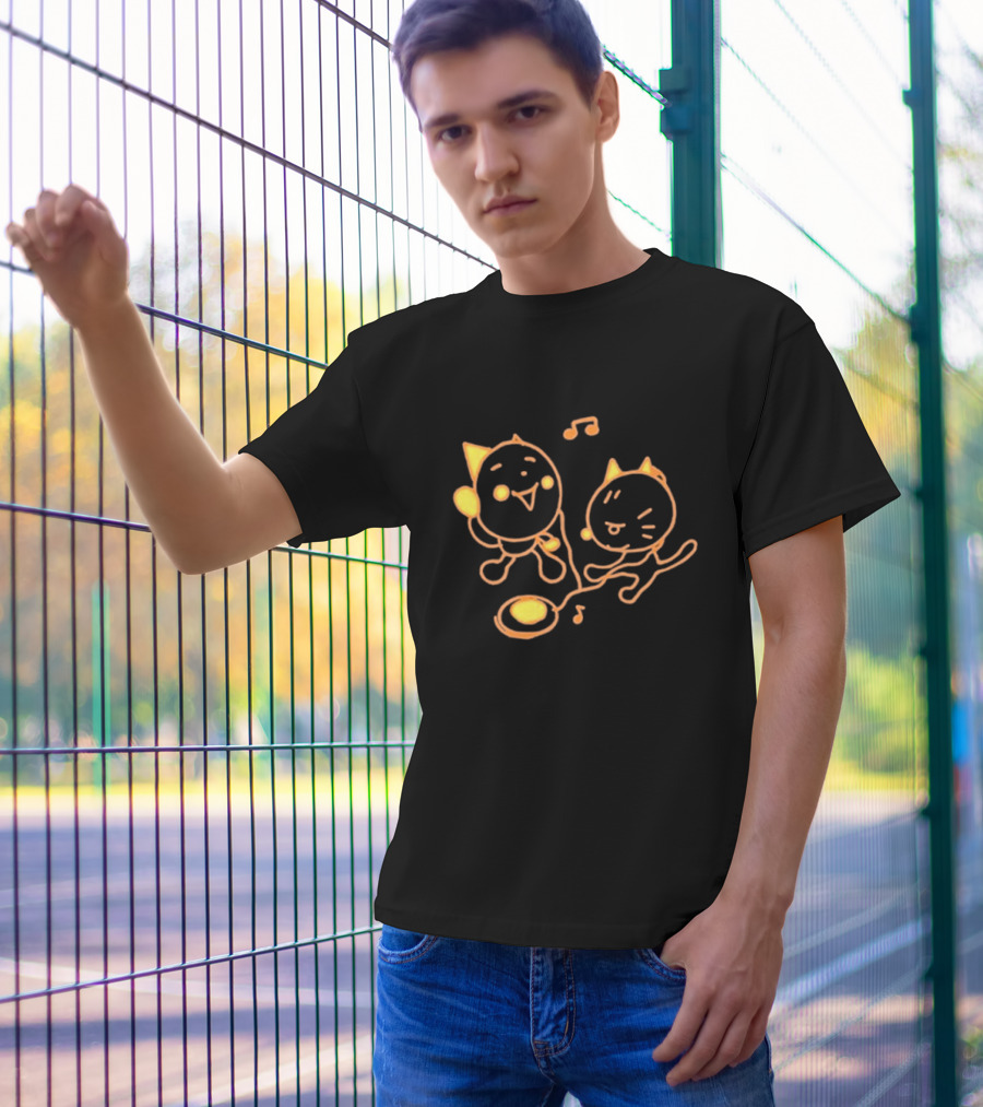 Pixlotl Cat Characters With Music Notes And CD Player T-Shirt