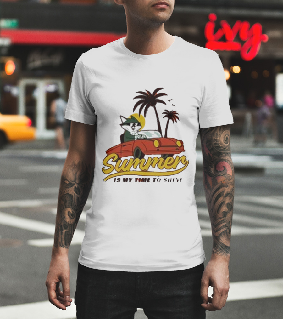 Summer Is My Time To Shine Cat In Car With Palm Trees T-Shirt