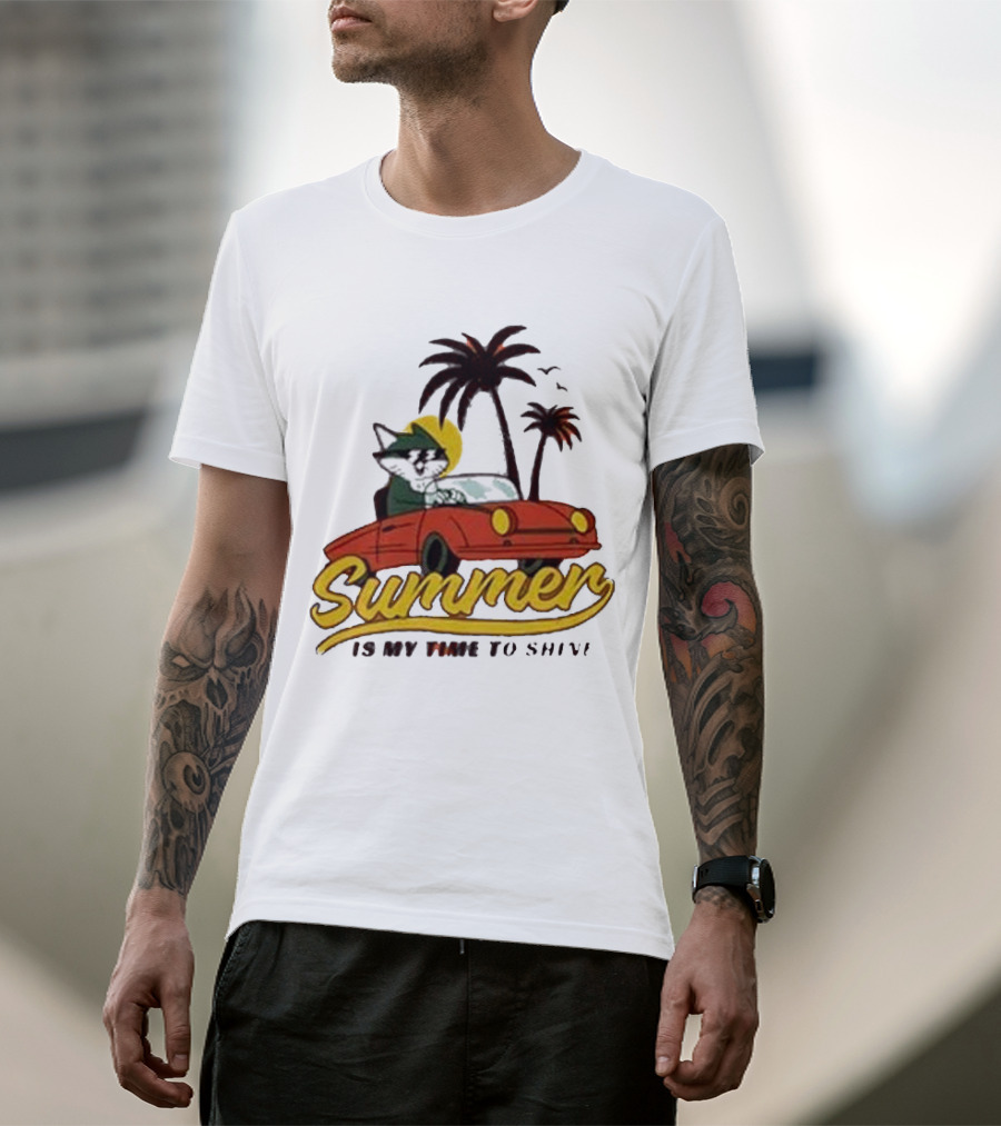 Summer Is My Time To Shine Cat In Car With Palm Trees T-Shirt