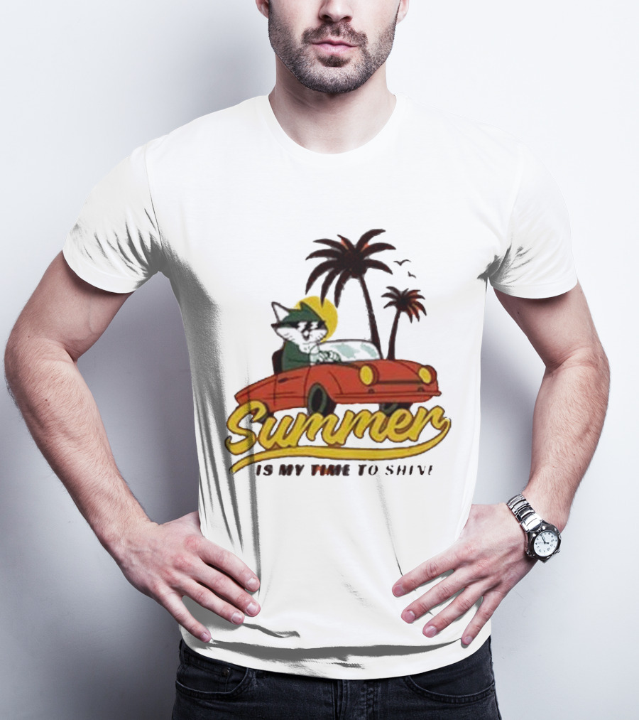 Summer Is My Time To Shine Cat In Car With Palm Trees T-Shirt