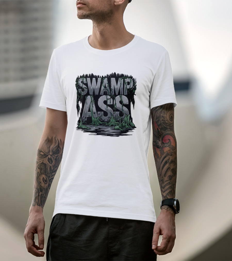 SWAMP ASS Moss-Covered Letters With Water And Grass T-Shirt