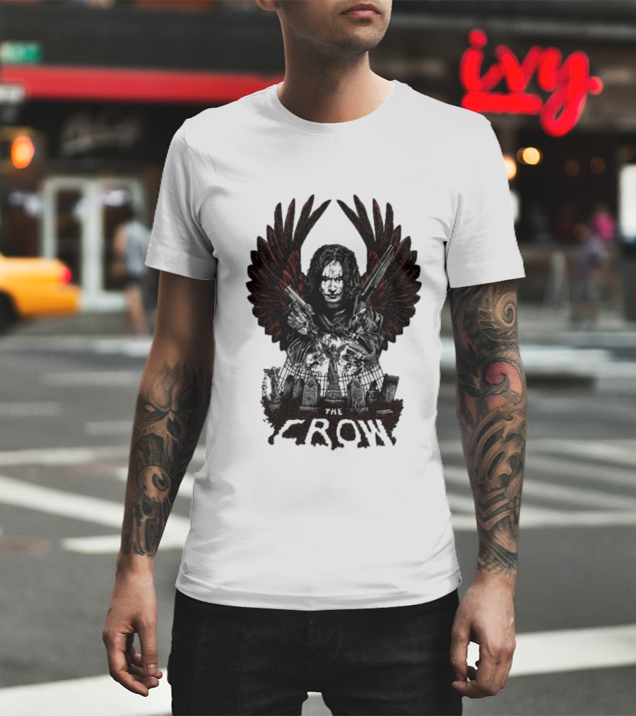 The Crow Winged Figure With Cemetery Background And Gothic Text The Crow T-Shirt