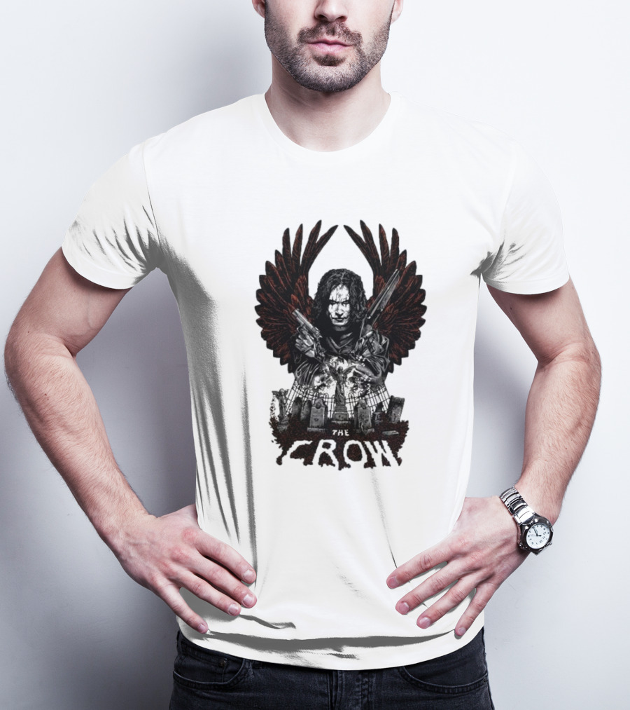 The Crow Winged Figure With Cemetery Background And Gothic Text The Crow T-Shirt