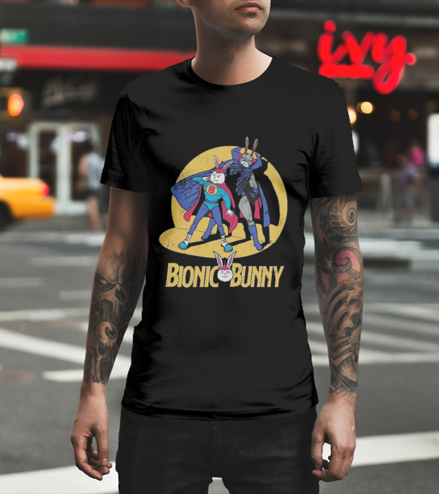Bionic Bunny Superhero Duo With Colorful Cape And Moon Background T-Shirt