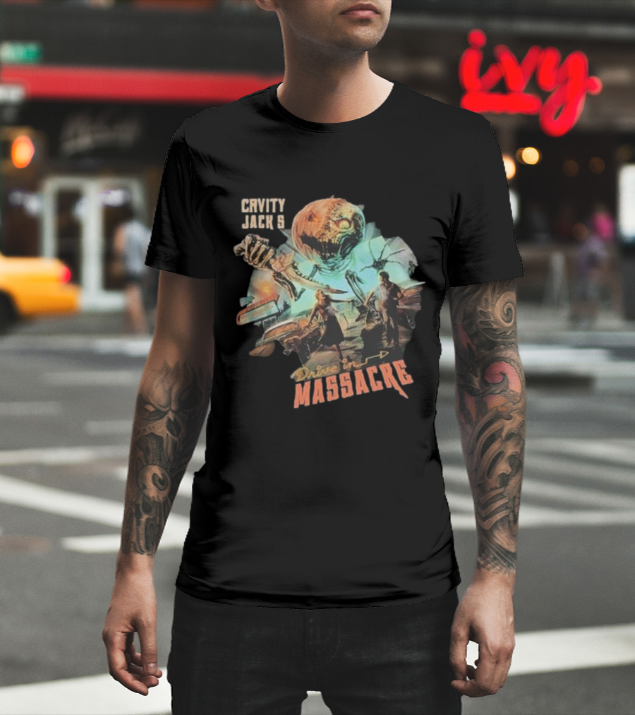 Cavity Jack's Drive In Massacre Giant Pumpkin Horror Scene T-Shirt