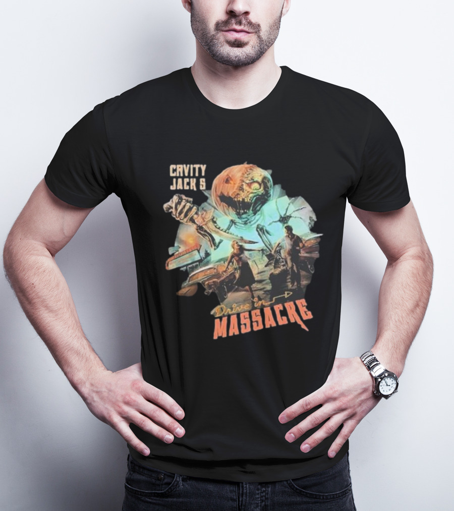 Cavity Jack's Drive In Massacre Giant Pumpkin Horror Scene T-Shirt