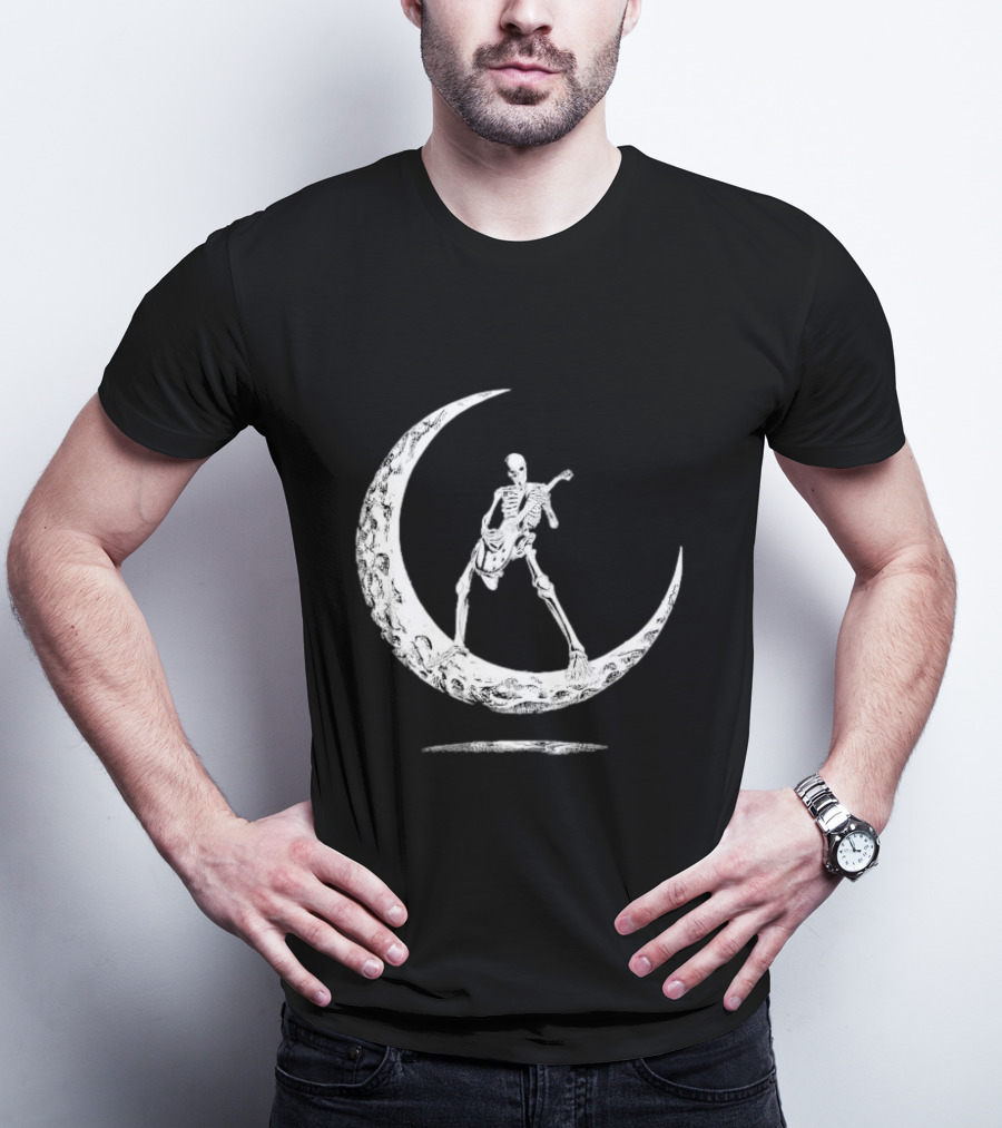 Skeleton Playing Guitar On Crescent Moon Rock And Roll Band T-Shirt