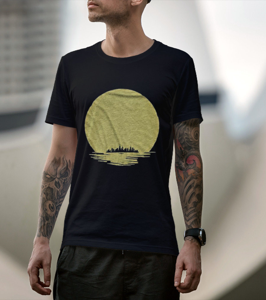 Michigan Skyline Reflected Under Golden Moon T-Shirt