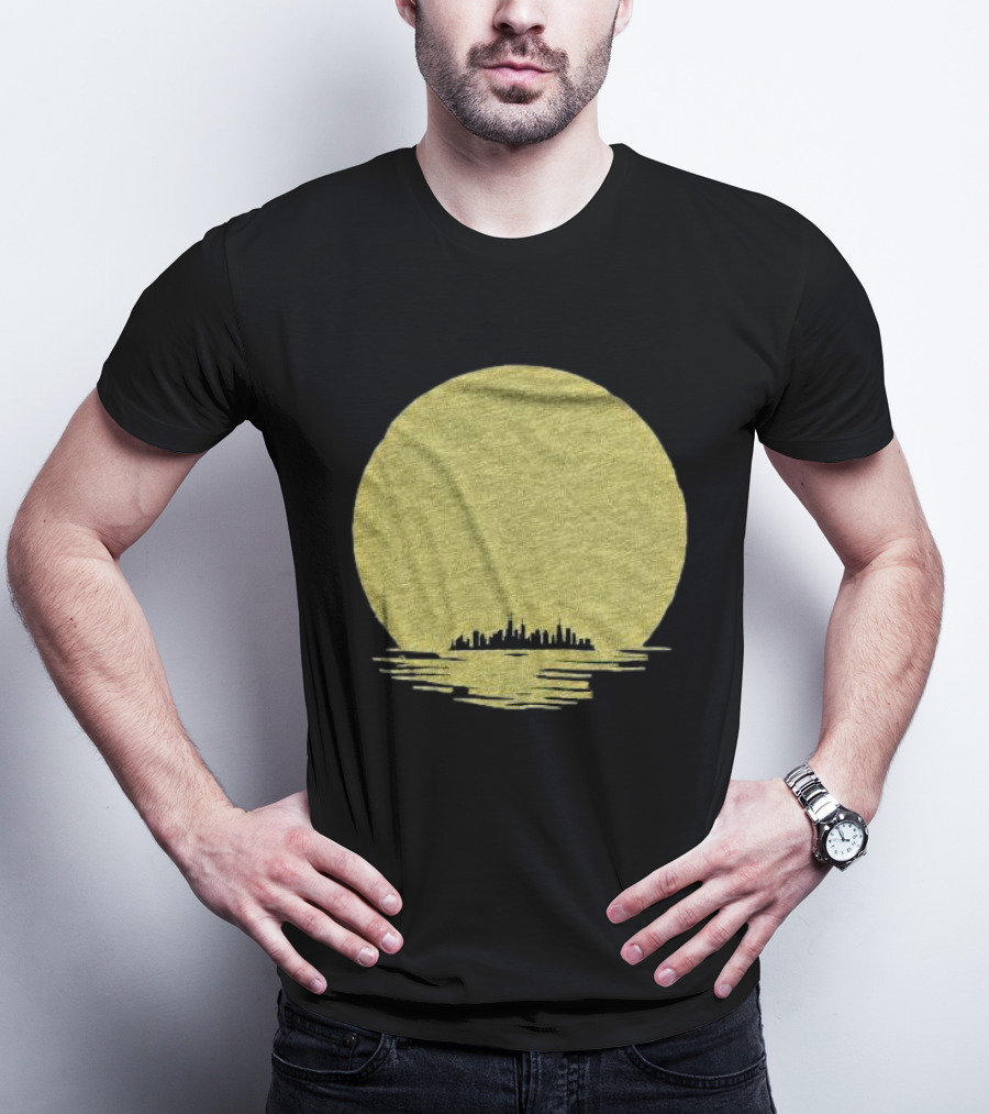 Michigan Skyline Reflected Under Golden Moon T-Shirt