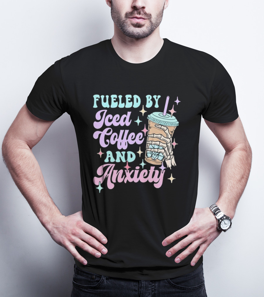 Fueled By Iced Coffee And Anxiety Skeleton Hand Pastel Aesthetic T-Shirt