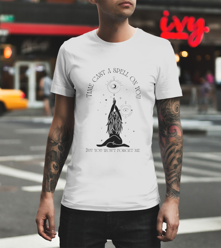 Time Cast A Spell On You But You Won’t Forget Me Mystical Yoga Pose With Celestial Symbols T-Shirt