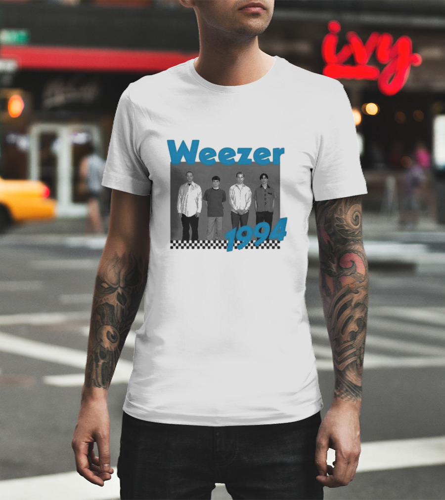 Weezer 1994 Band Photo With Checkered T-Shirt