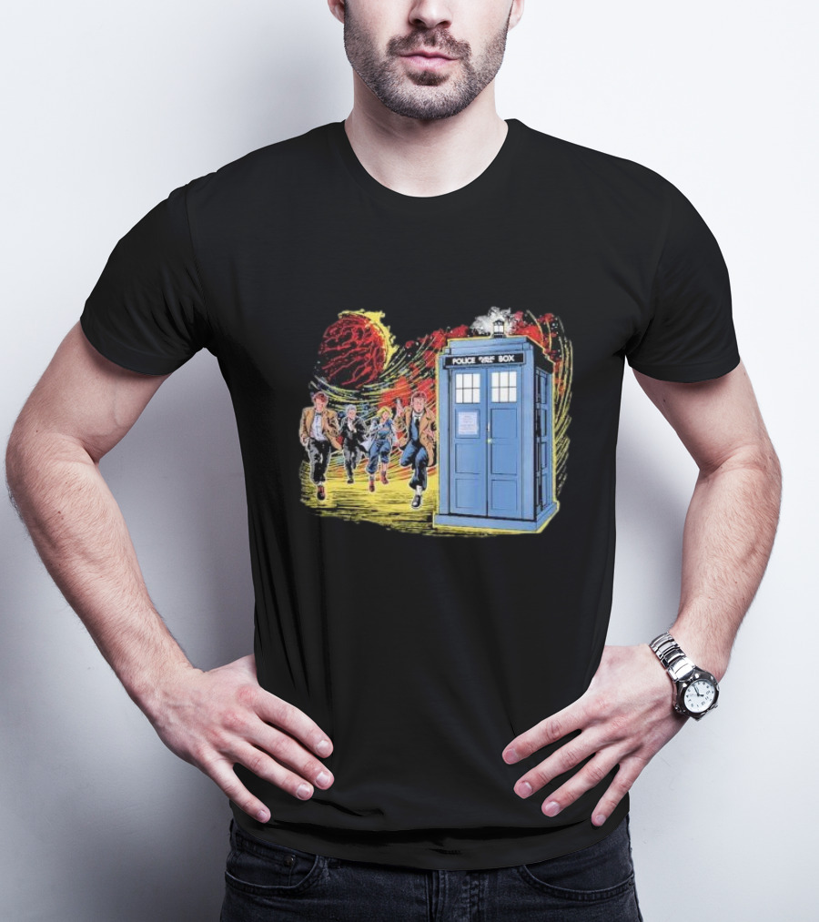 Police Public Box Time Travel Sci-fi Comics Chase With Doctor And Companions T-Shirt