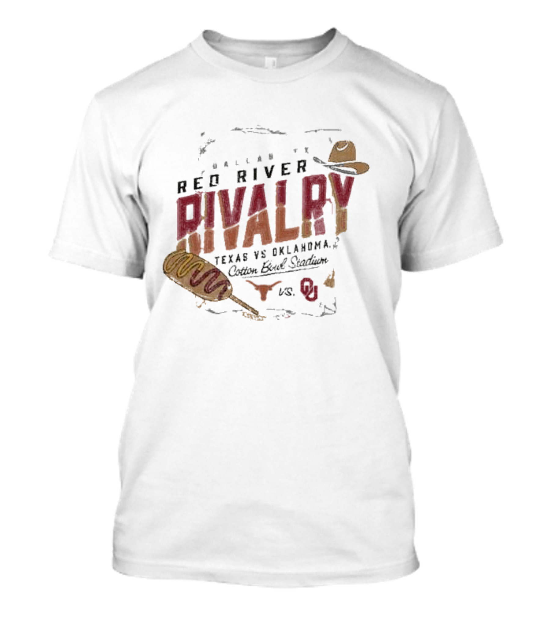 Red River Rivalry Texas Longhorns Vs. Oklahoma Sooners Corn Dog Dallas Cotton Bowl Stadium T-Shirt