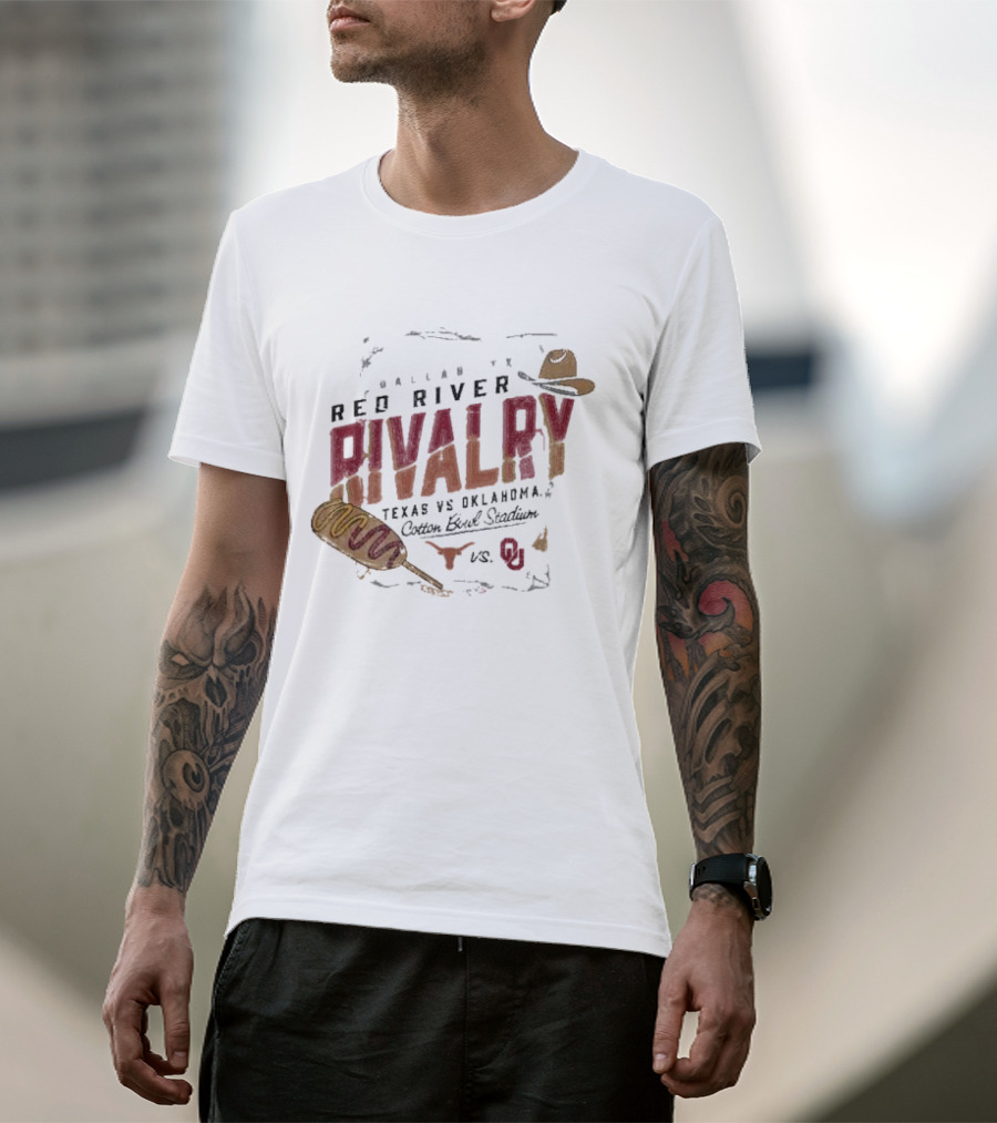 Red River Rivalry Texas Longhorns Vs. Oklahoma Sooners Corn Dog Dallas Cotton Bowl Stadium T-Shirt