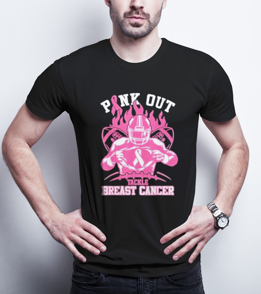 Pink Out Tackle Breast Cancer Awareness Football Player Ribbon Flames T-Shirt